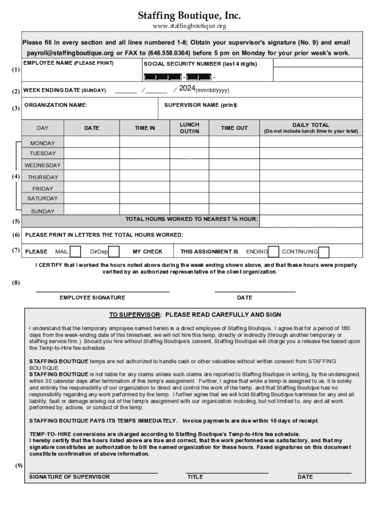 Fillable Online Weekly Timesheet Submission for Staffing Boutique 2024 Fax Email Print - pdfFiller
