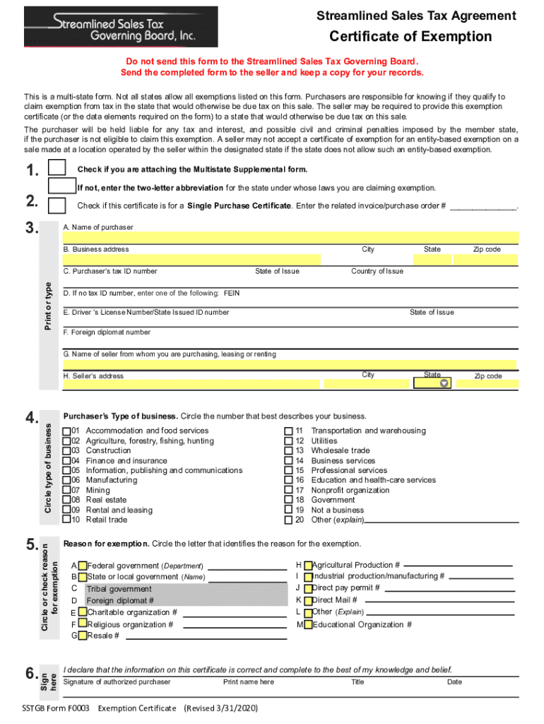 Fillable Online Streamlined Sales Tax Agreement Certificate of ...