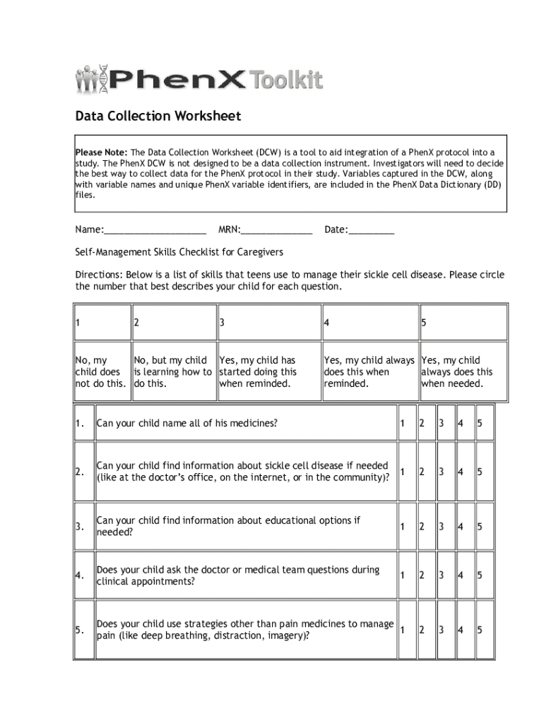 Fillable Online Data Collection Worksheet for Sickle Cell Management ...