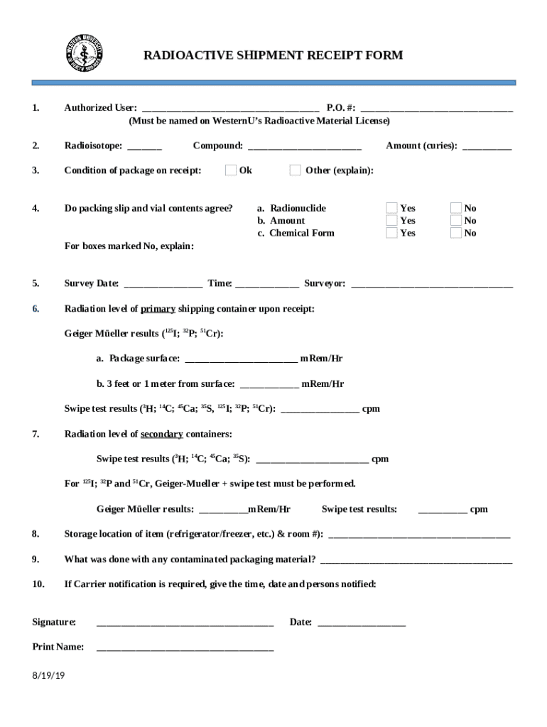 Radioactive Shipment Receipt Doc Template | pdfFiller