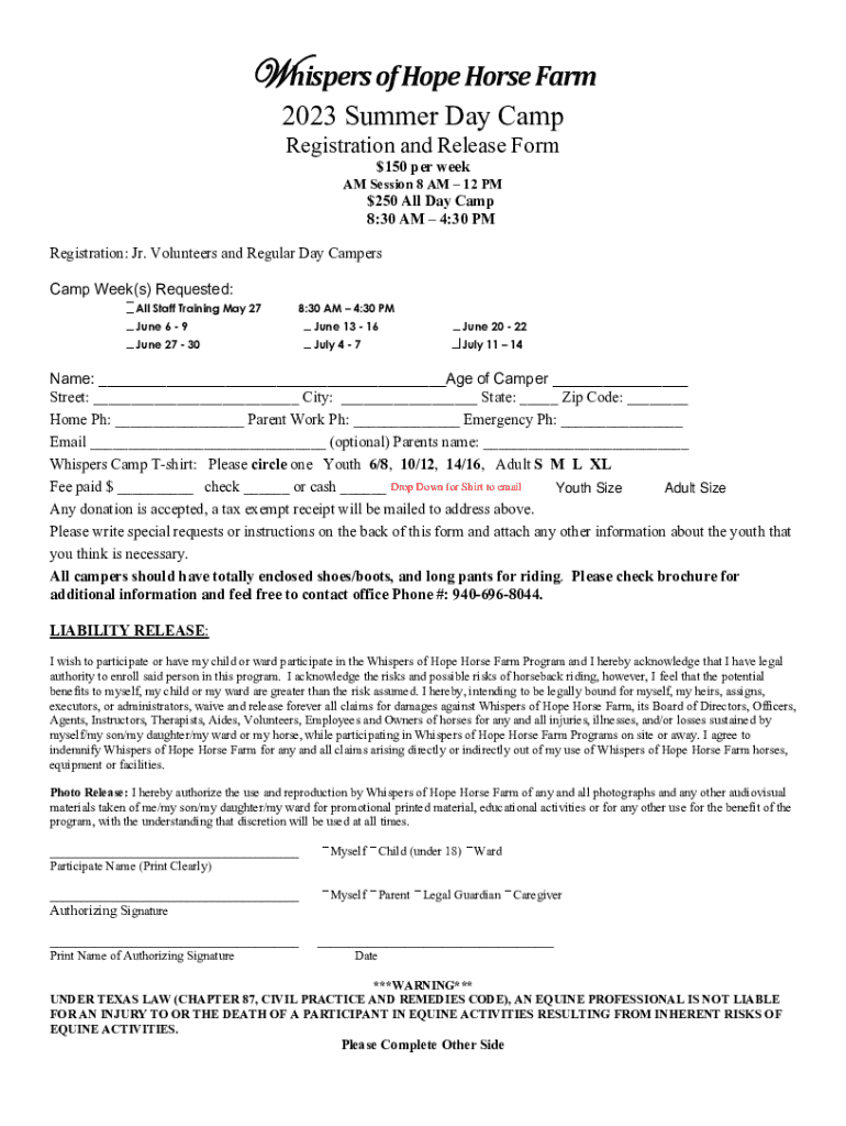 Fillable Online 2023 Whispers of Hope Horse Farm Summer Day Camp Registration Fax Email Print ...