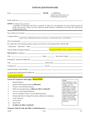 Fillable Online Vendor Questionnaire for Small Business Certification ...