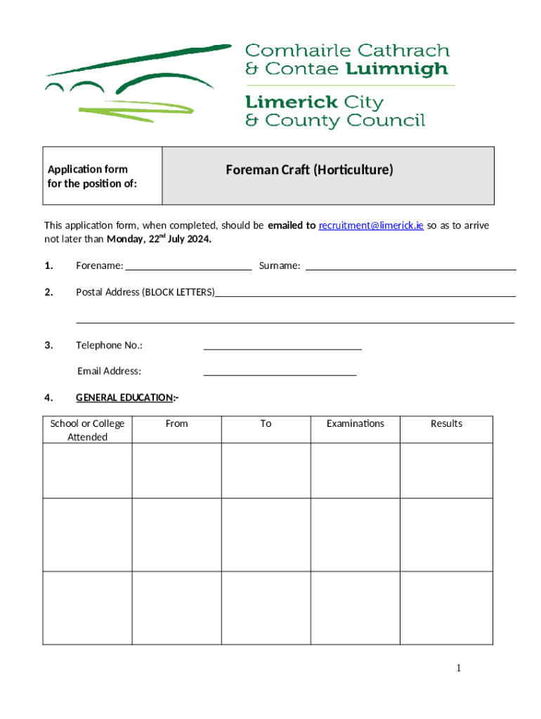 Application for Foreman Craft (horticulture) Doc Template | pdfFiller