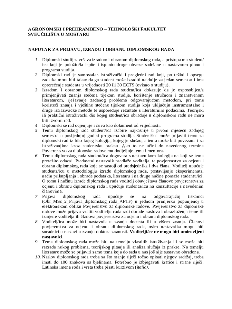 Naputak za diplomski rad - APTF - Sveuilite u Mostaru Doc Template | pdfFiller