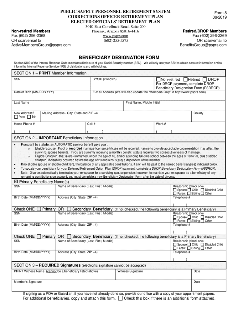Fillable Online Beneficiary Designation Form for Psprs Retirement Plans ...