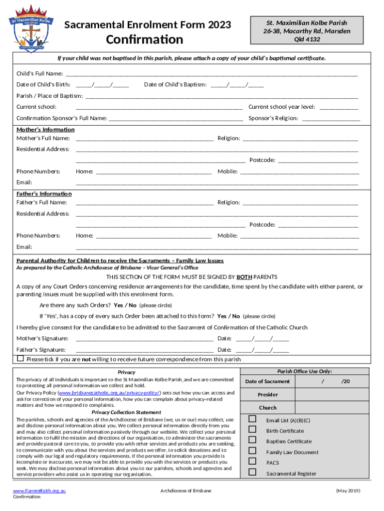 Sacramental Enrolment Doc Template | pdfFiller