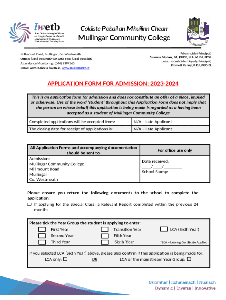 Mullingar Community College Admission Application Doc Template | pdfFiller