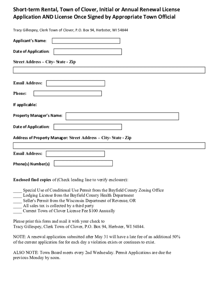 Fillable Online Short-term Rental License Application - Town of Clover ...