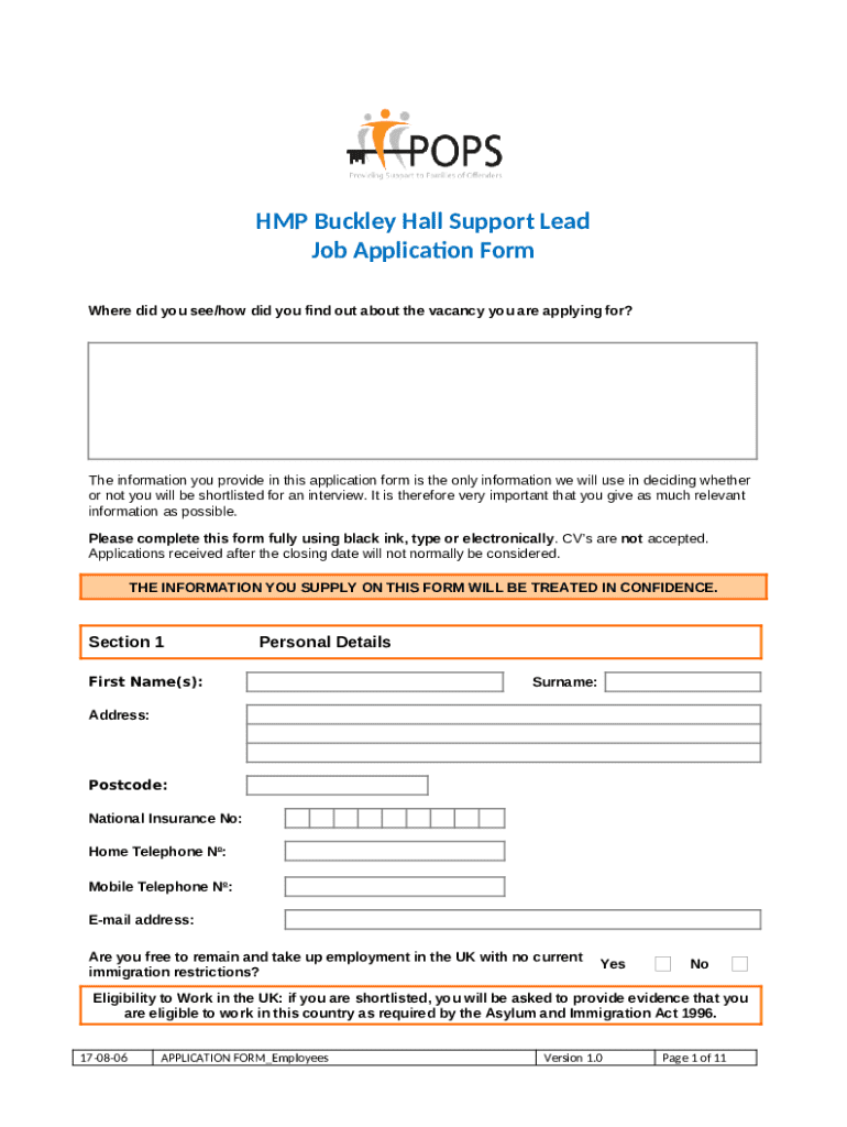 Hmp Buckley Hall Support Lead Job Application Doc Template | pdfFiller