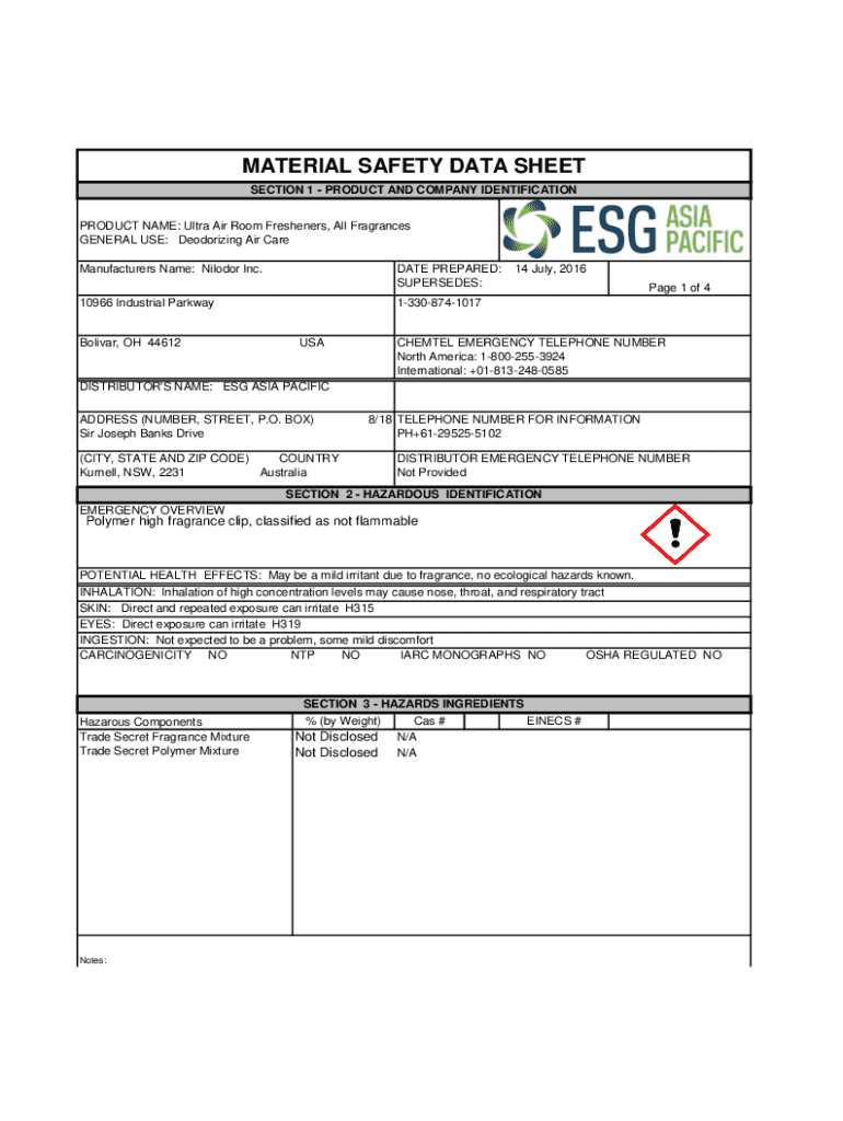 Fillable Online HOSPECO Safety Data Sheet ULTRA Air Room Freshener ... Fax Email Print - pdfFiller