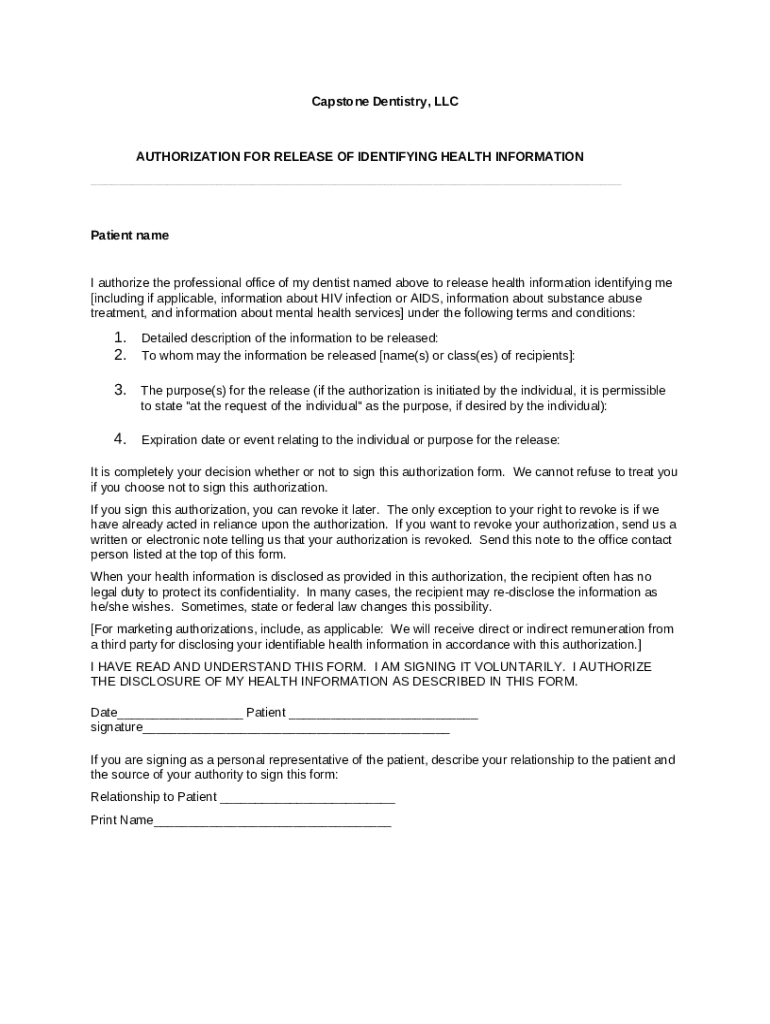 Authorization for Release of Identifying Health Ination Doc Template | pdfFiller