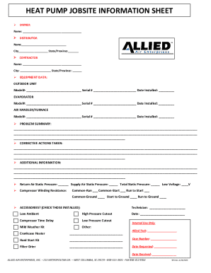 Fillable Online Heat Pump Jobsite Information Sheet 2020 - Installation ...