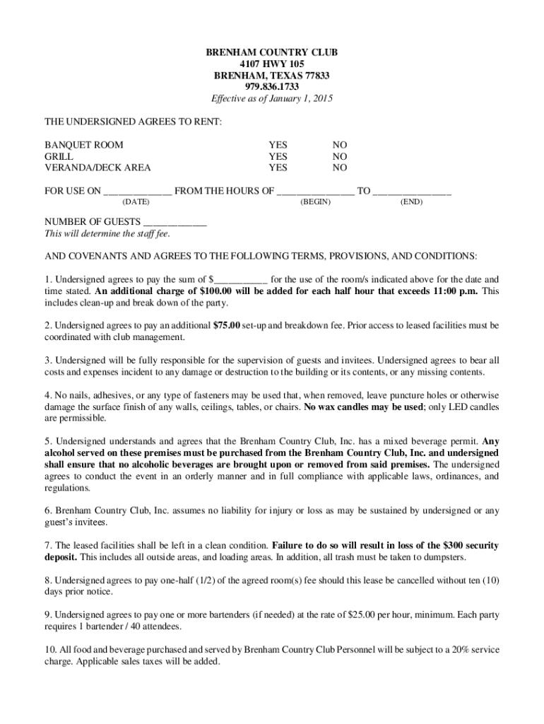 Fillable Online Brenham Country Club Facility Rental Agreement 2015 Fax ...