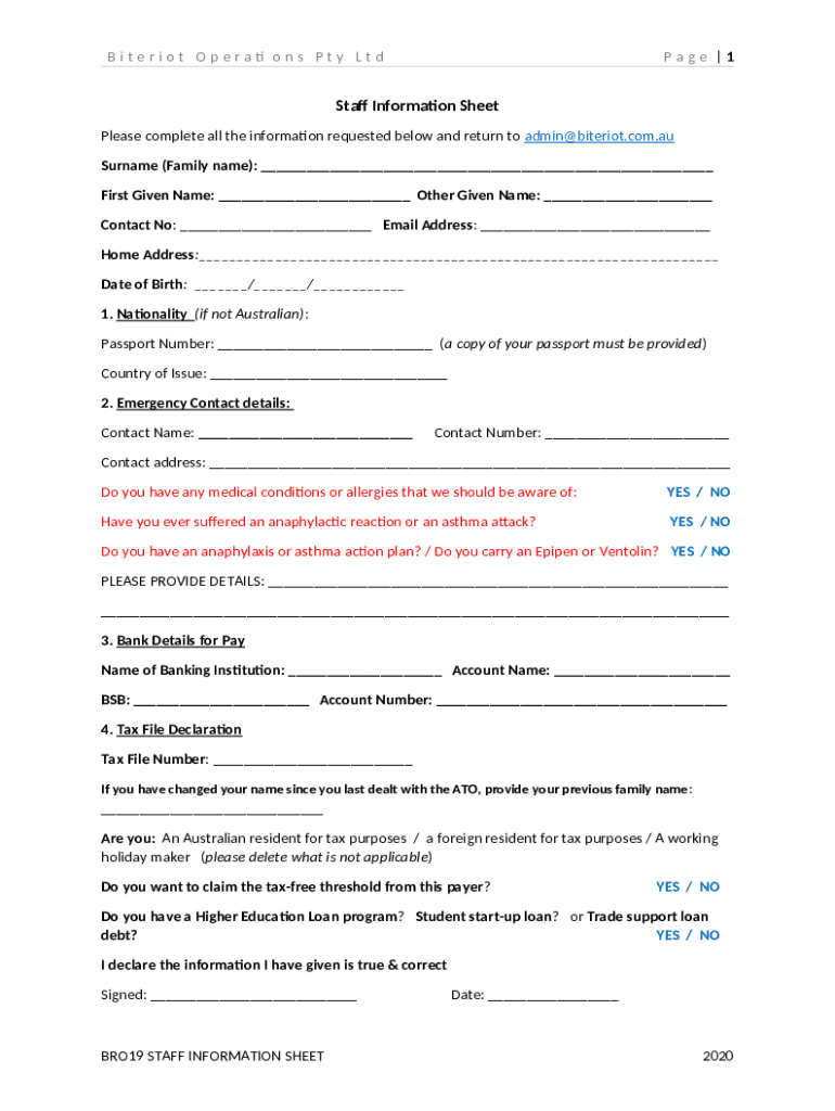 Staff Ination Sheet Doc Template | pdfFiller