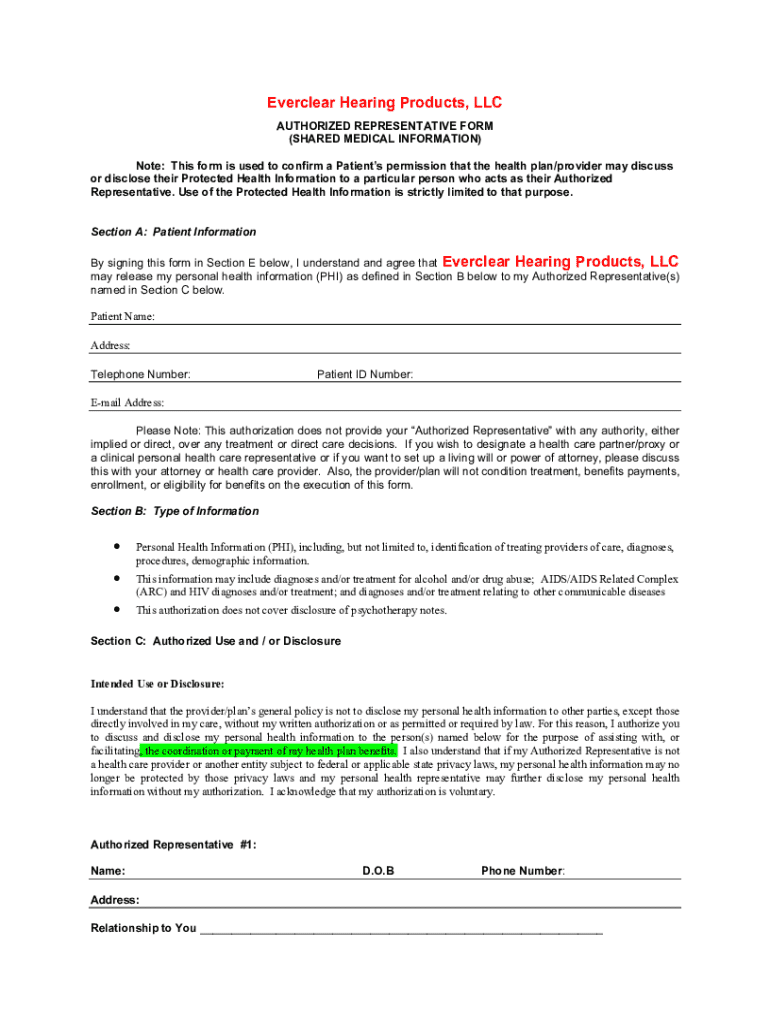 Fillable Online Authorized Representative Form for Shared Medical ...