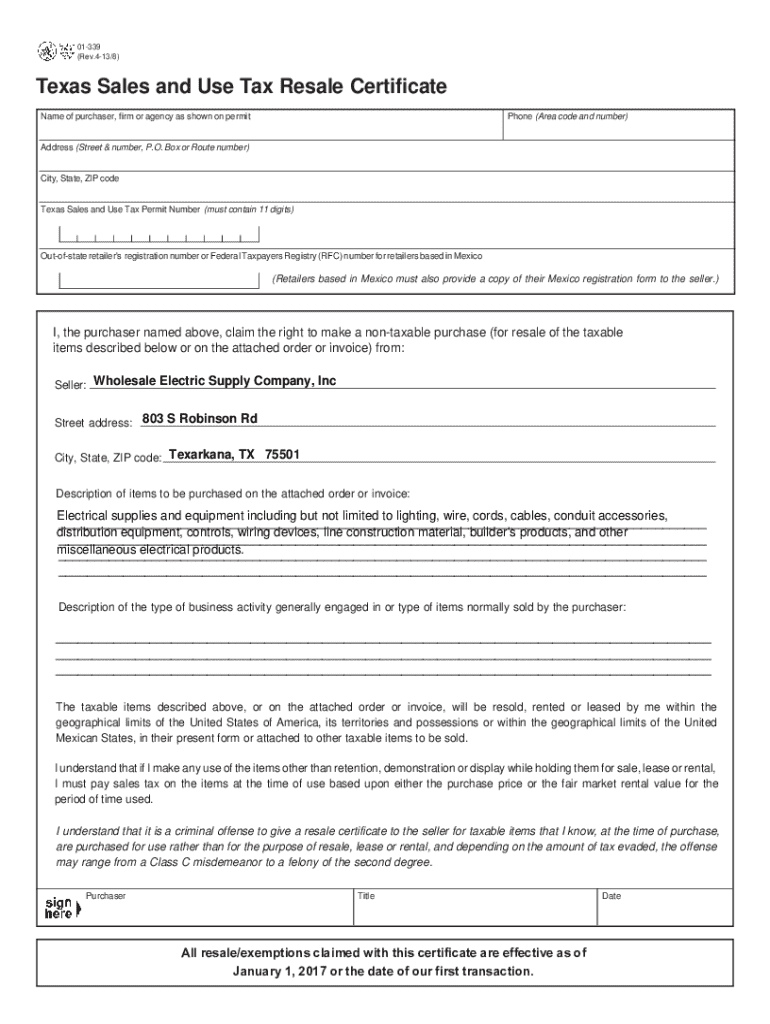 Fillable Online 2023 Texas Sales and Use Tax Resale Certificate and ...