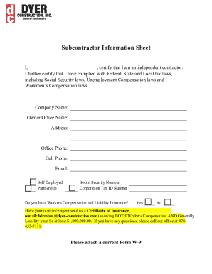 Fillable Online Subcontractor Information Sheet 2023: Certification and ...