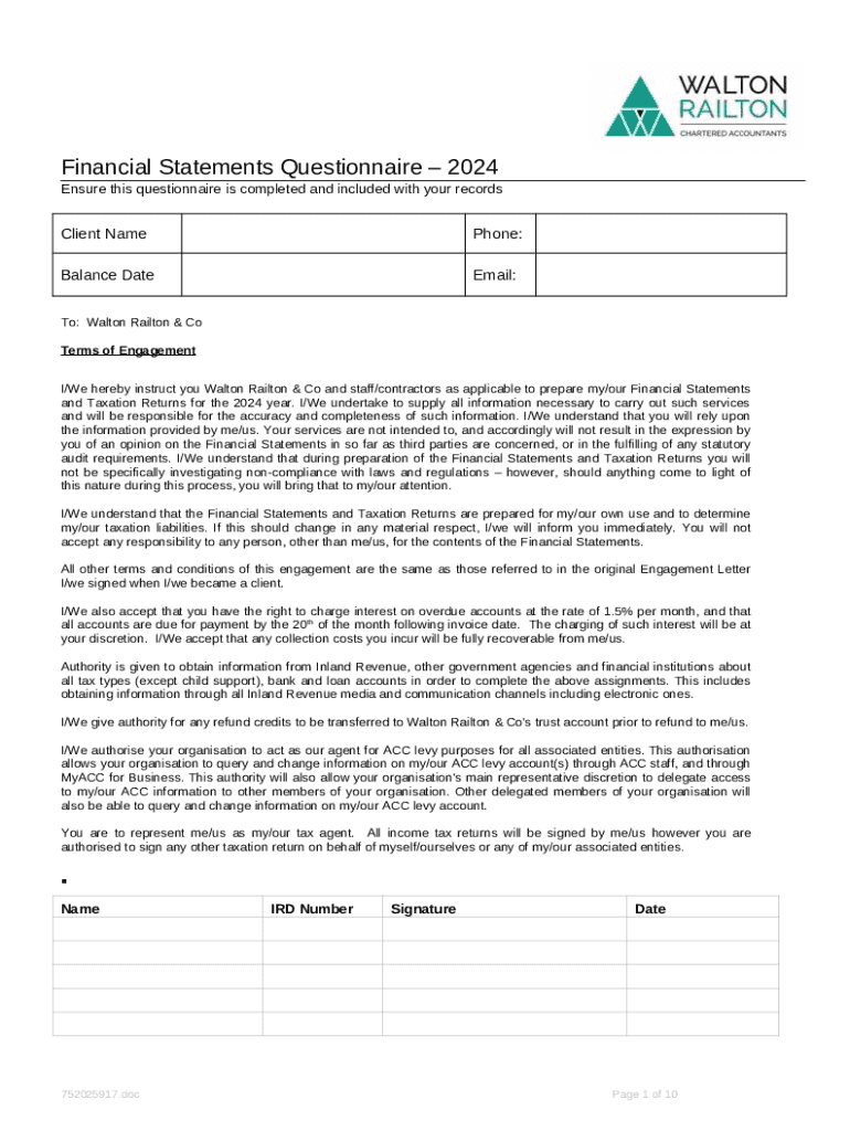 Financial Statements Questionnaire Doc Template | pdfFiller