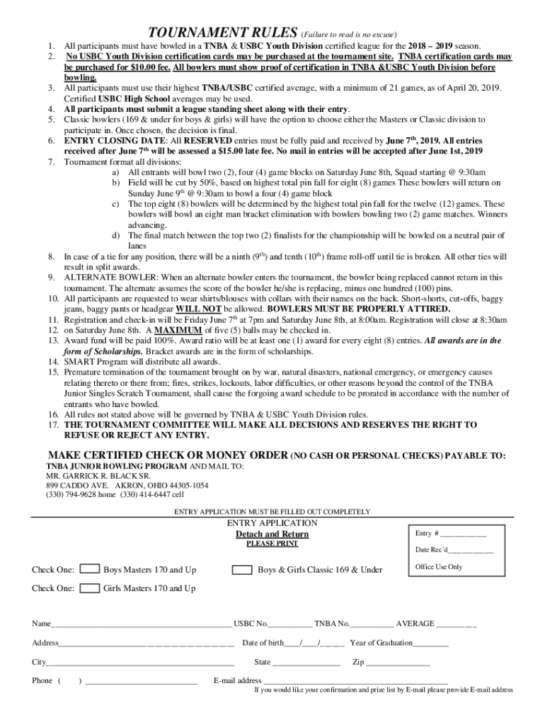 Fillable Online Tnba Junior Singles Scratch Tournament 2019 ...