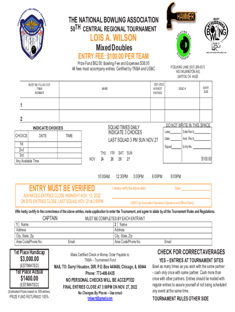 Fillable Online 2021-2022 Tnba Mixed Doubles Tournament Entry - Central ...