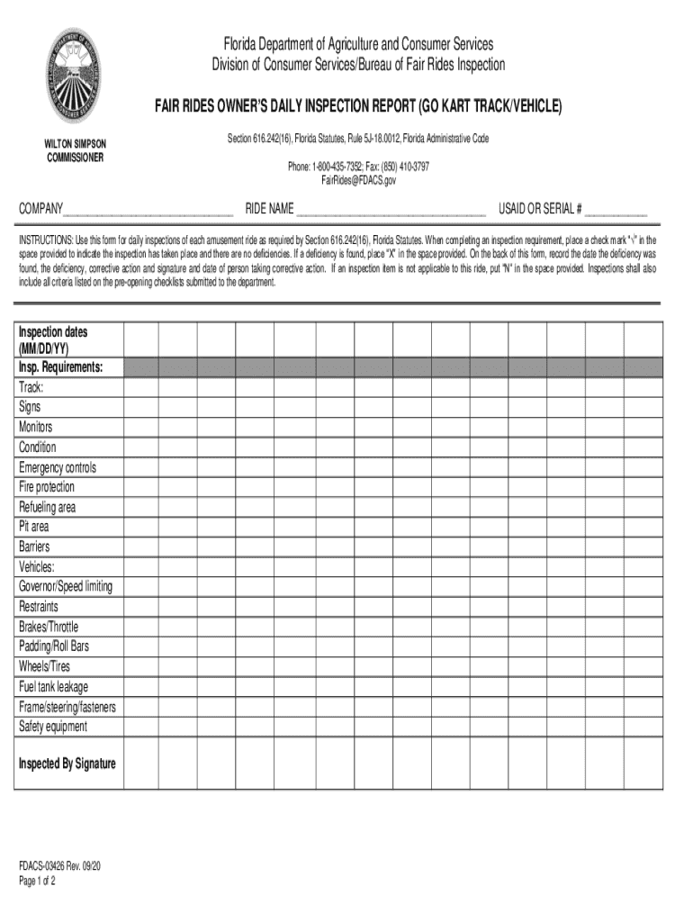 Fillable Online Fair Rides Owner\'s Daily Inspection Report (Go Kart ...