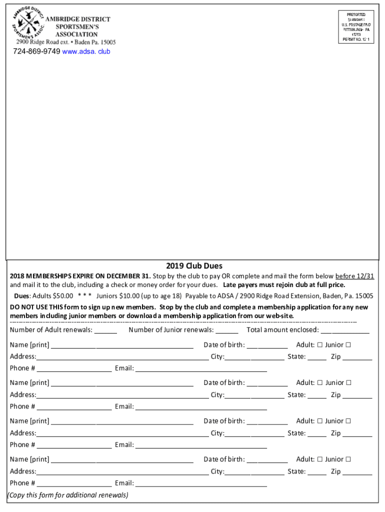 Fillable Online 2019 Club Dues Payment - Ambridge District Sportsmen’s ...