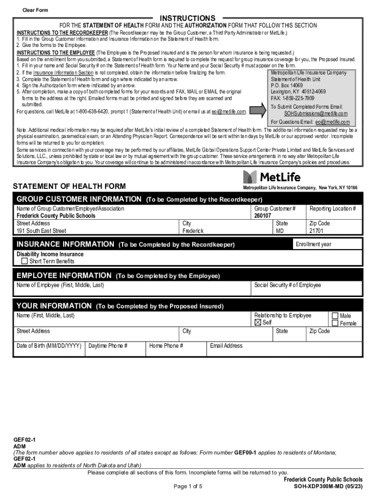 Fillable Online 2023 Statement of Health Form for Frederick County ...