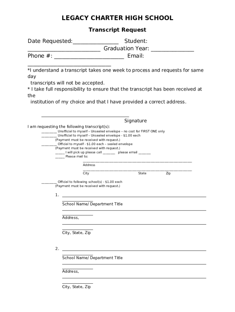 legacy charter high school transcript request Doc Template | pdfFiller