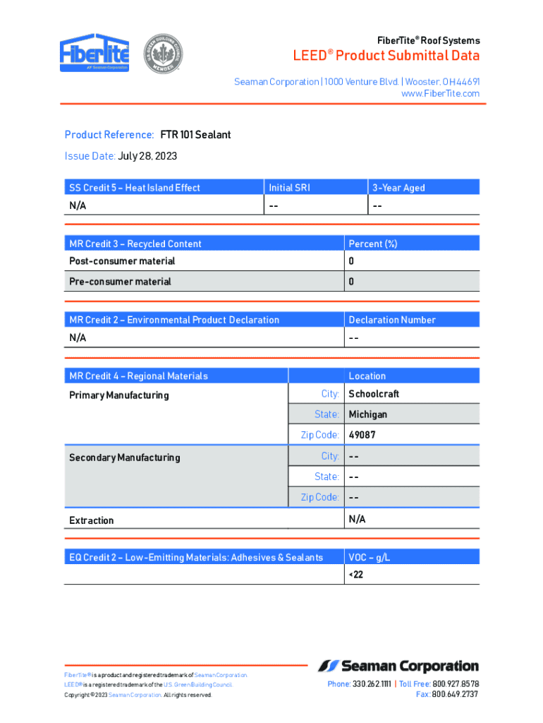 Fillable Online Fibertite Roof Systems Leed Submission Data 2023 ...