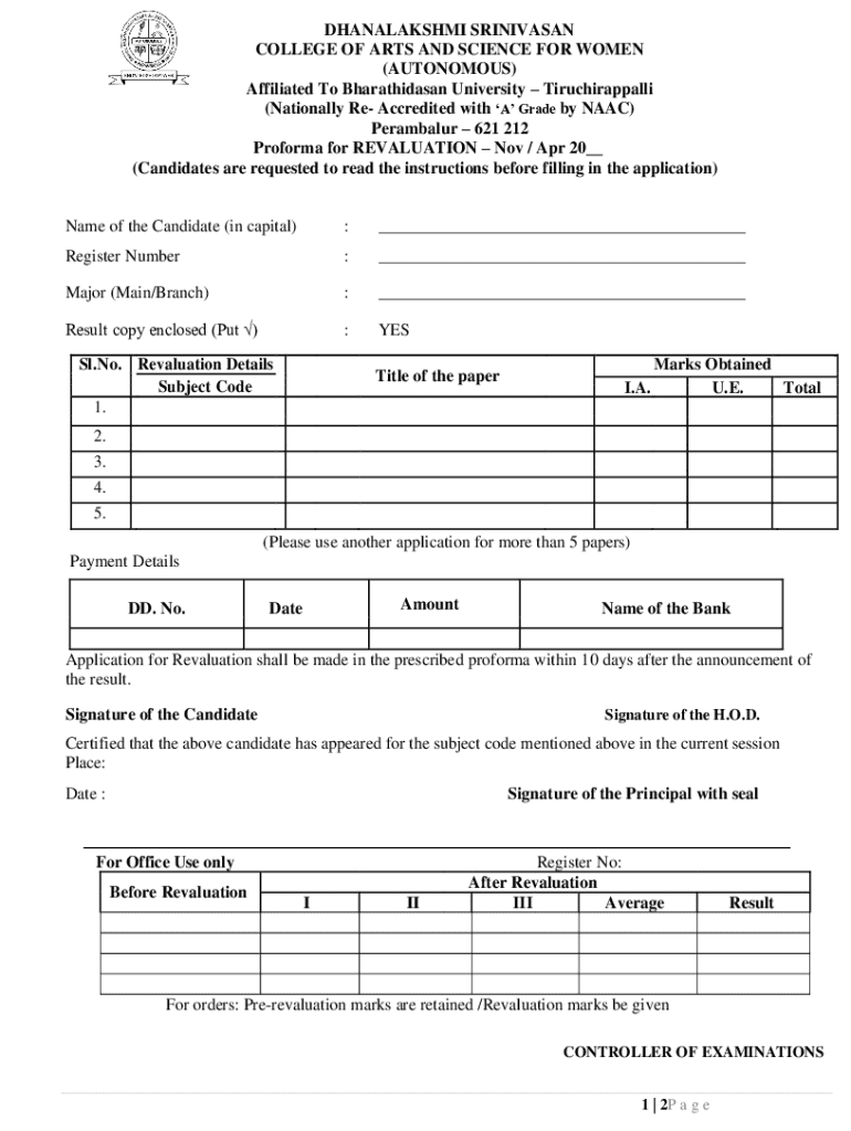 Fillable Online Revaluation Application Form - Dhanalakshmi Srinivasan ...