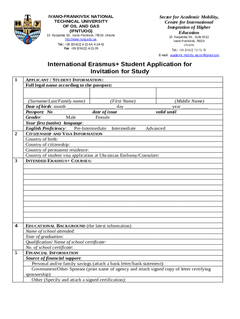 International Erasmus+ Student Application for Invitation for Study Doc ...