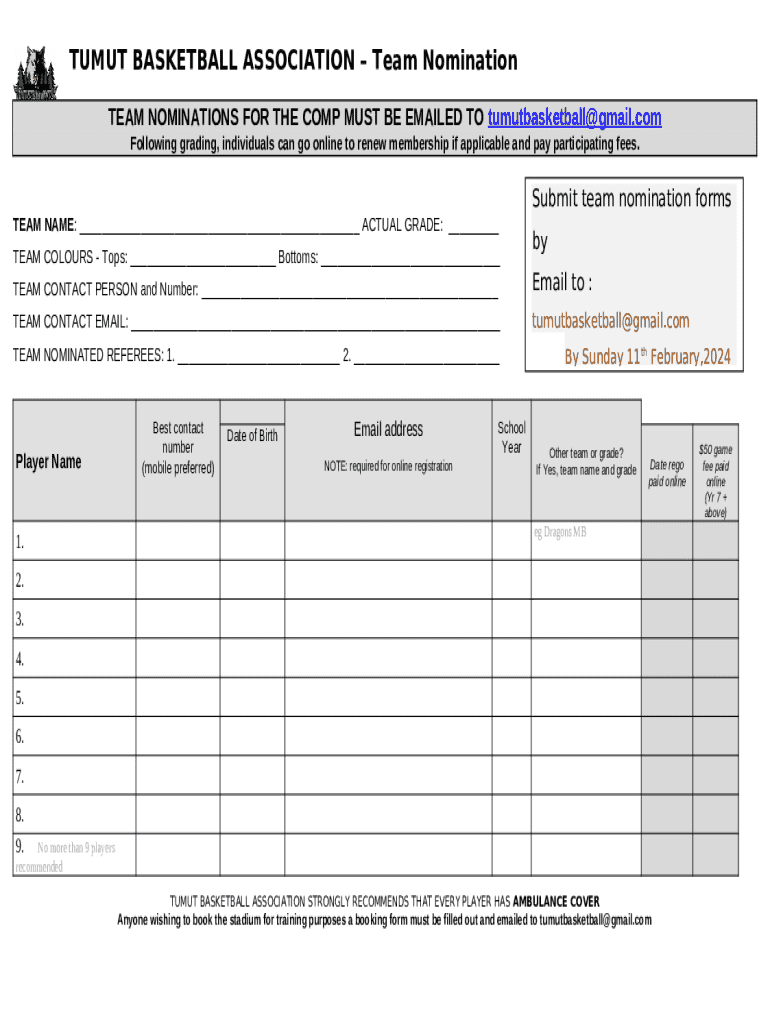 Documents and s - Tumut Basketball Doc Template | pdfFiller