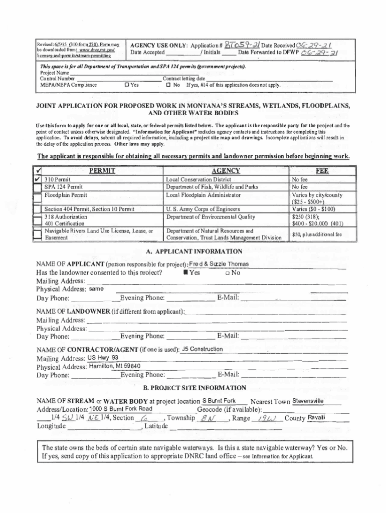 Fillable Online Joint Application for Water Body Permits in Montana ...