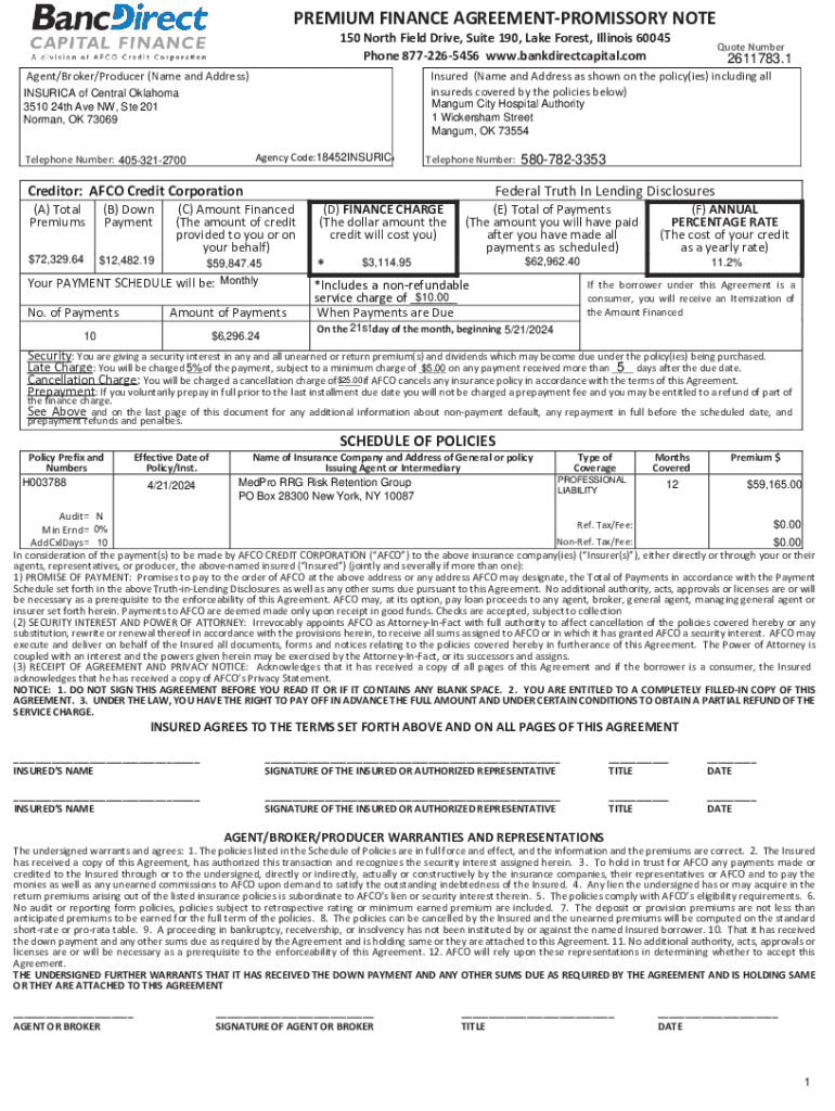 Fillable Online Premium Finance Agreement 2024: Financing Insurance ...