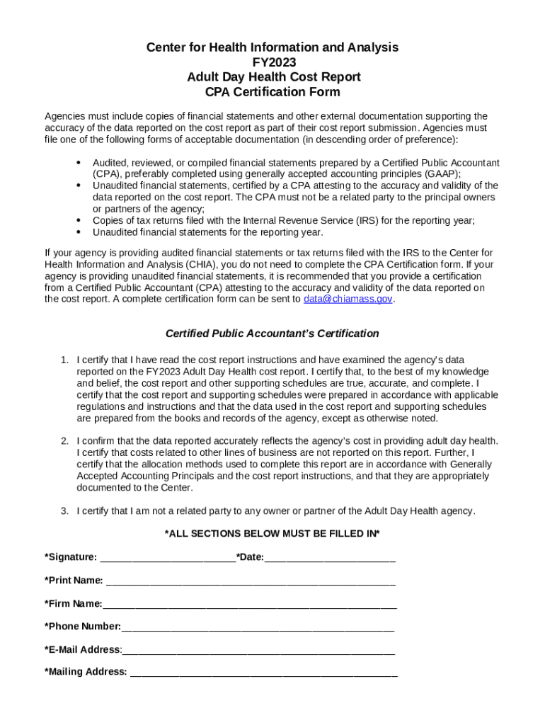 FY2023 Adult Day Health Cost Report CPA Certification Doc Template | pdfFiller