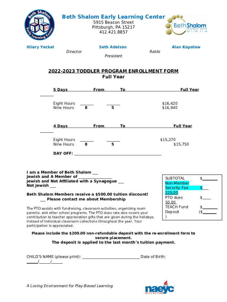2022-2023 TODDLER PROGRAM ENROLLMENT Doc Template | pdfFiller