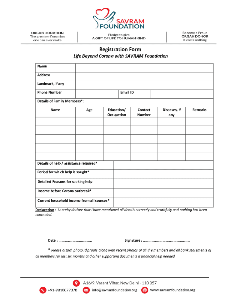 Fillable Online Registration Form for Life Beyond Corona With Savram ...