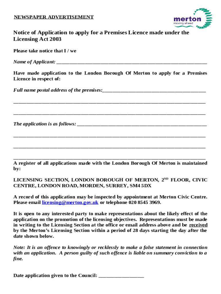 Newspaper Advertisement - NEW APPLICATION Doc Template | pdfFiller