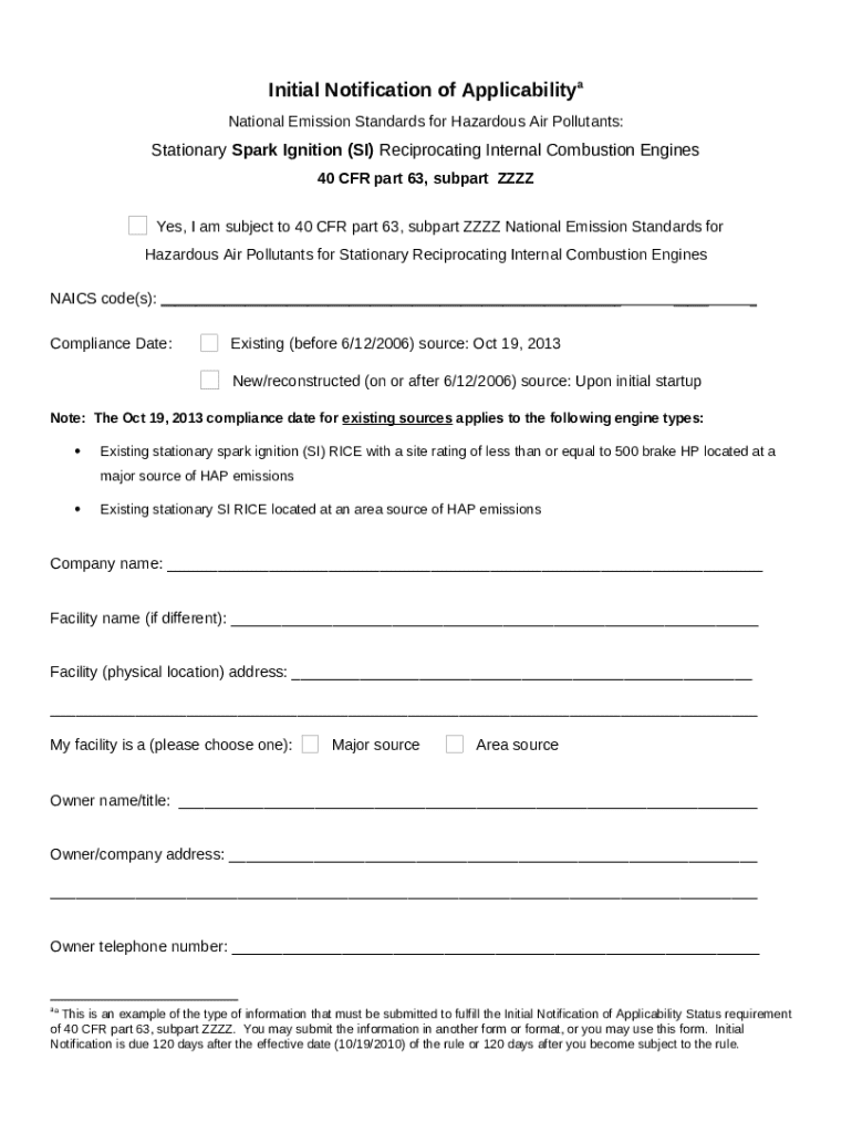 Initial Notification of Applicability Doc Template | pdfFiller