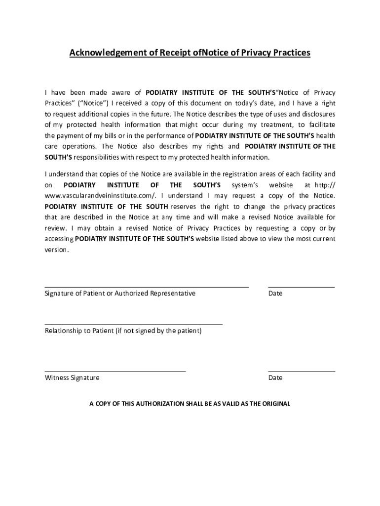 Fillable Online Acknowledgement of Receipt of Notice of Privacy ...