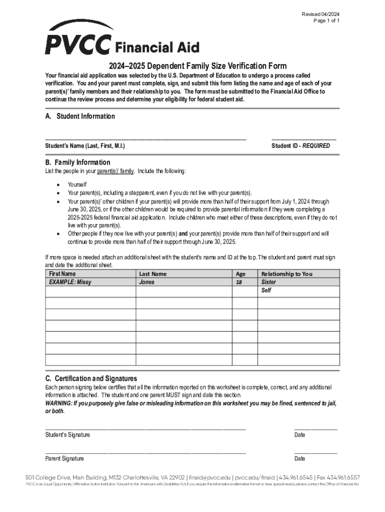 Fillable Online 2024-2025 Dependent Family Size Verification for Financial Aid Fax Email Print ...