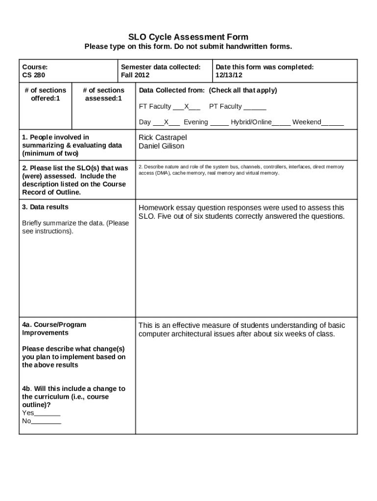 Slo Cycle Assessment Doc Template | pdfFiller