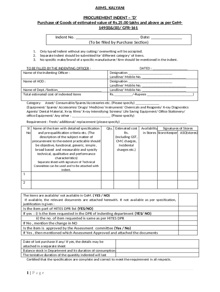 Procurement Indent - 'd' Doc Template | pdfFiller