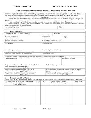 Lister House Ltd APPLICATION Doc Template | pdfFiller