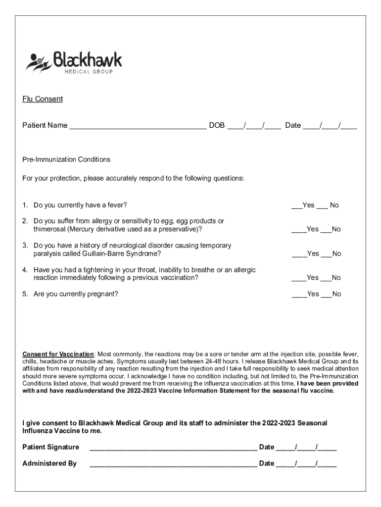 Fillable Online Flu Consent Form for Seasonal Influenza Vaccine 2022 ...