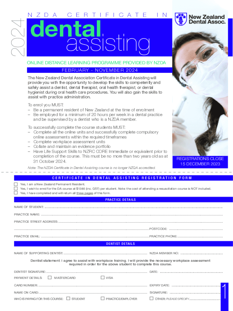 Fillable Online Nzda Certificate in Dental Assisting 2024 - Enrol Now ...