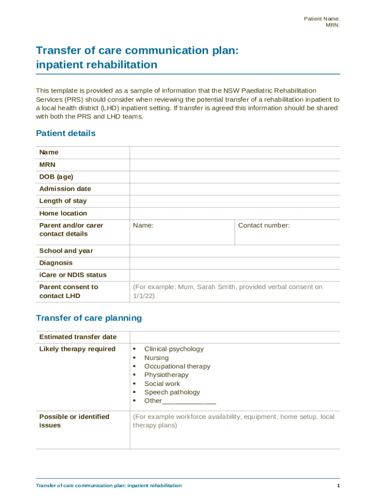 Transfer of Care Communication Plan: Inpatient Rehabilitation Doc ...