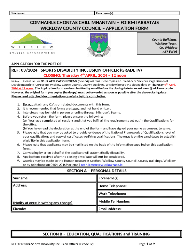 Wicklow County Council Application Doc Template | pdfFiller