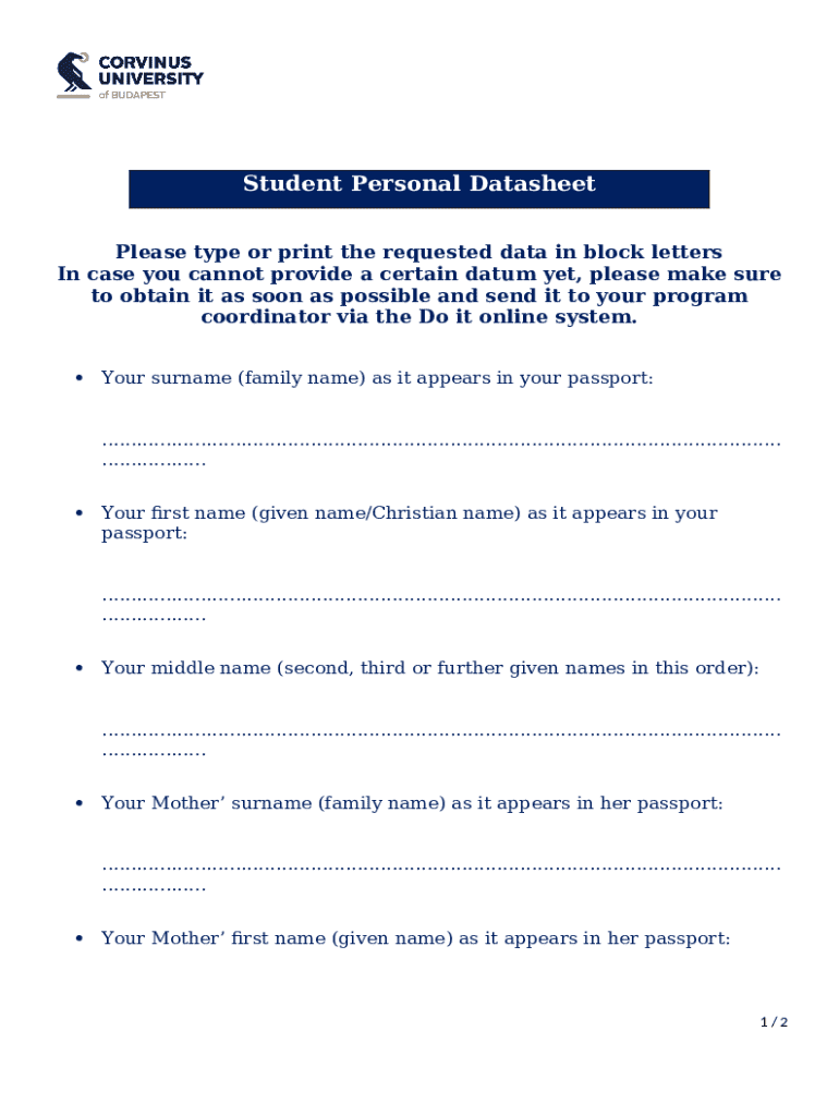 Student Personal Datasheet Doc Template | pdfFiller