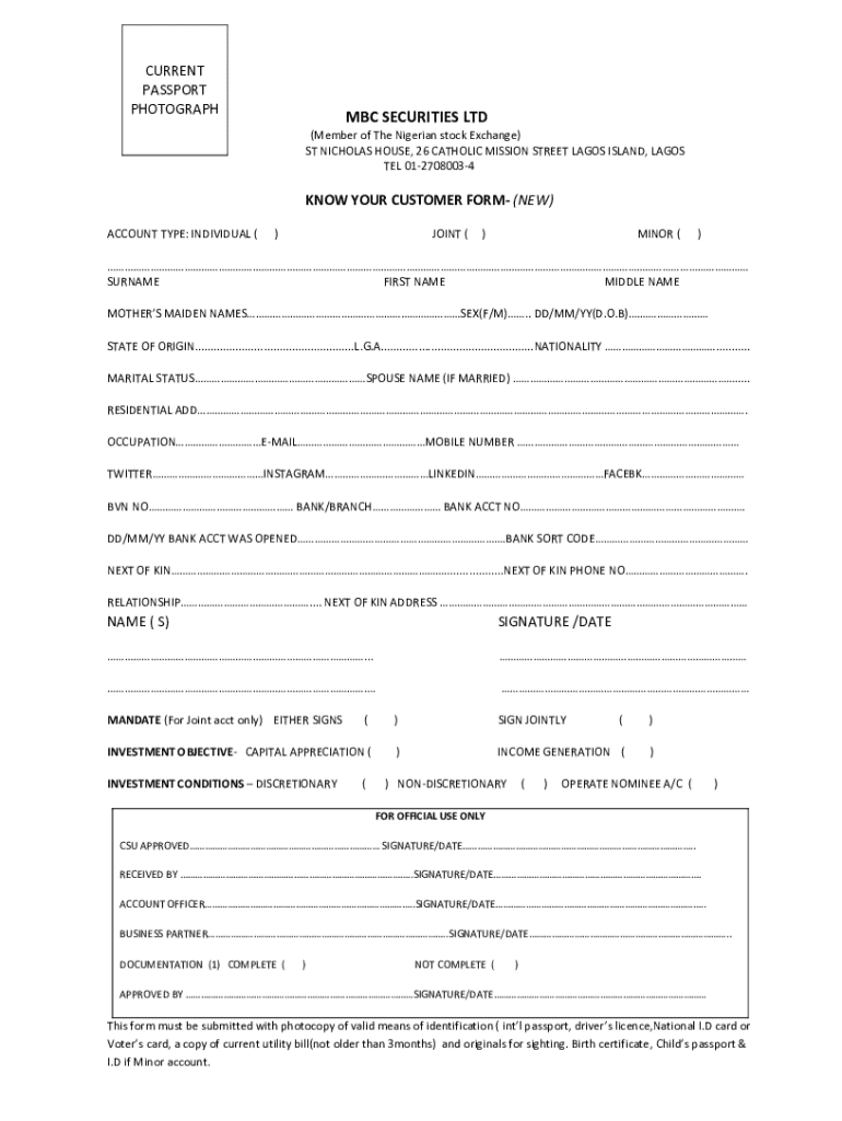 Fillable Online 2023 Know Your Customer Form - Mbc Securities Limited Fax Email Print - pdfFiller